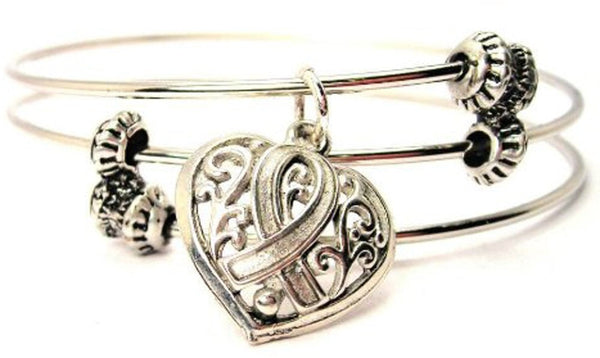 Lace Heart Awareness Ribbon Hand Painted Triple Style Expandable Bangle ...